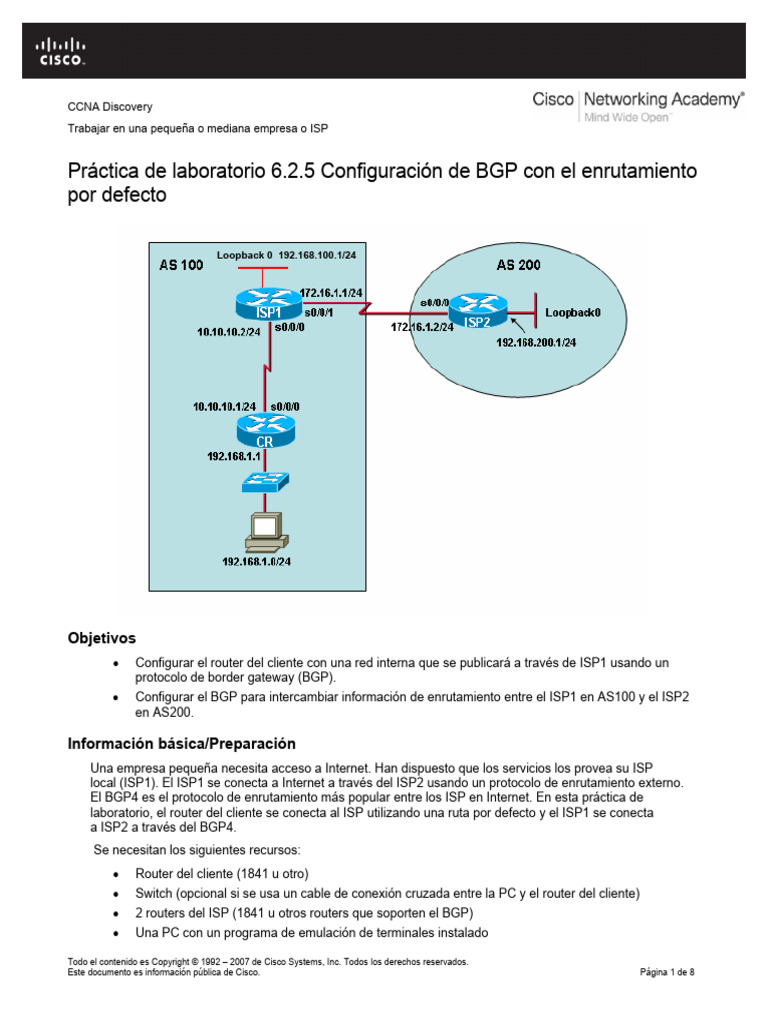Práctica de Laboratorio 6.2.5 Configuración de BGP Con El Enrutamiento Por Defecto | PDF ...