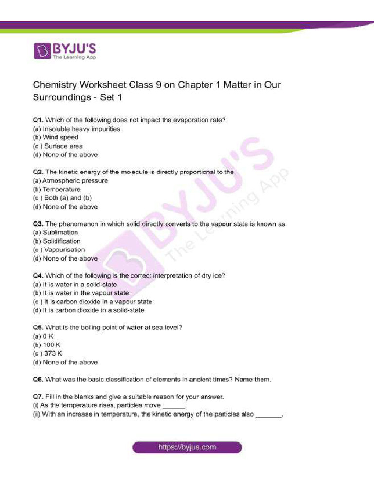 Chemistry Worksheet Class 9 On Chapter 1 Matter in Our Surroundings Set ...