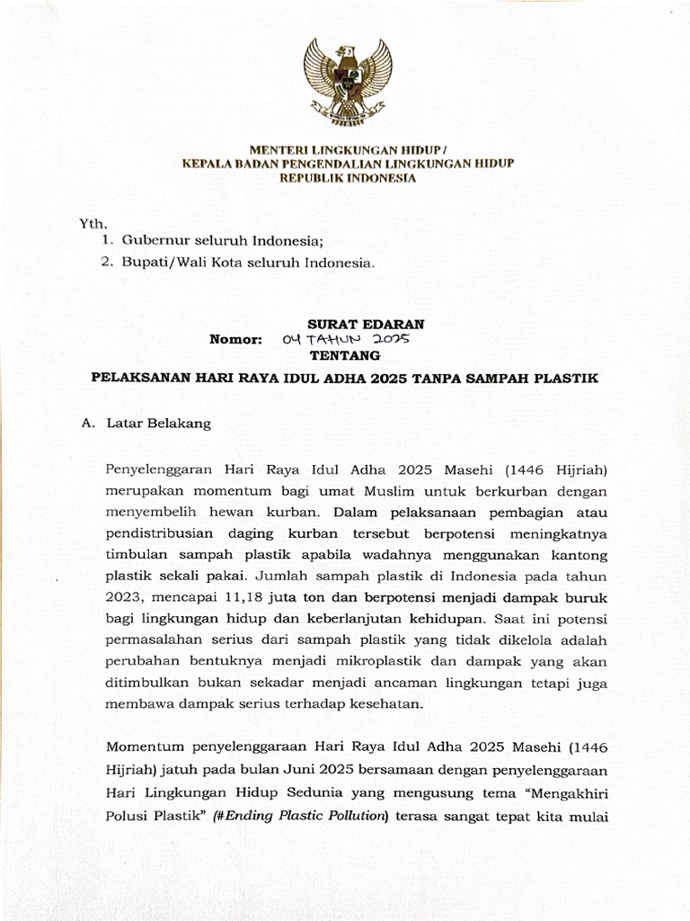 Surat Edaran Idul Adha 2025 Tanpa Sampah Plastik | PDF