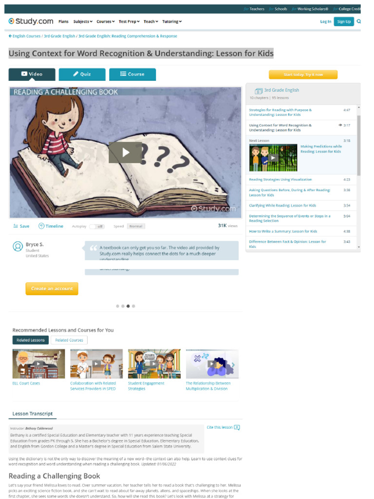 Using Context For Word Recognition & Understanding Lesson For Kids | PDF