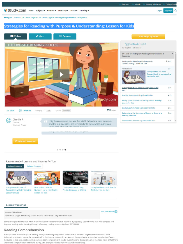 Strategies For Reading With Purpose & Understanding Lesson For Kids | PDF