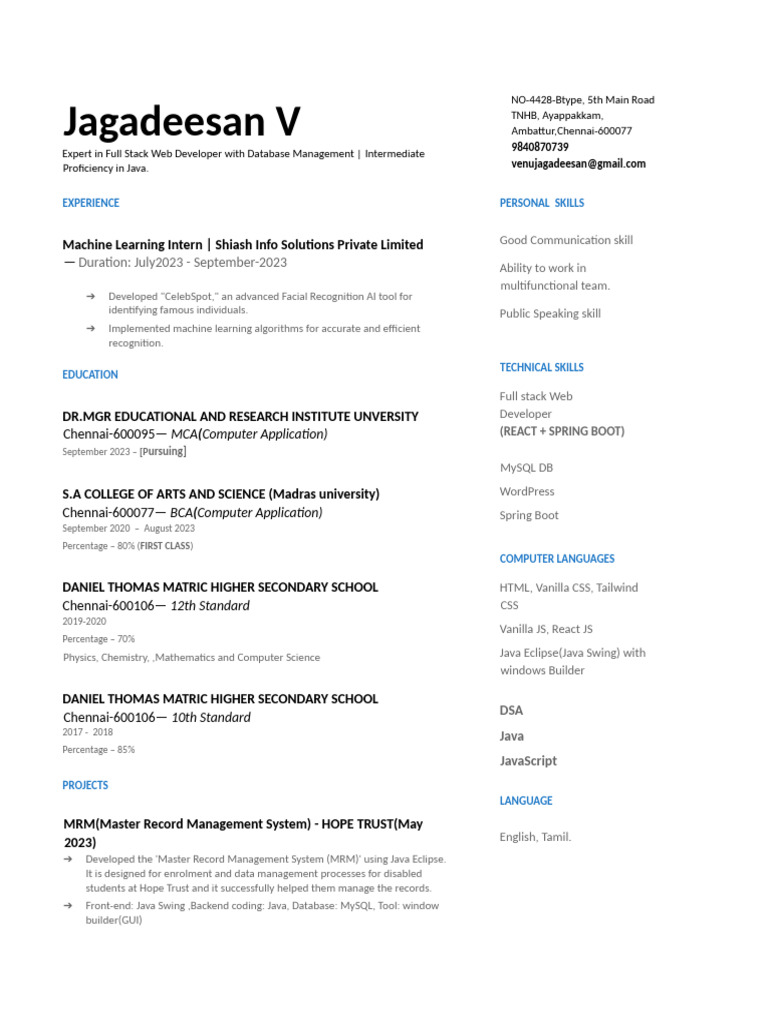 Jagadeesan V Resume | PDF | Java (Programming Language) | Java Script