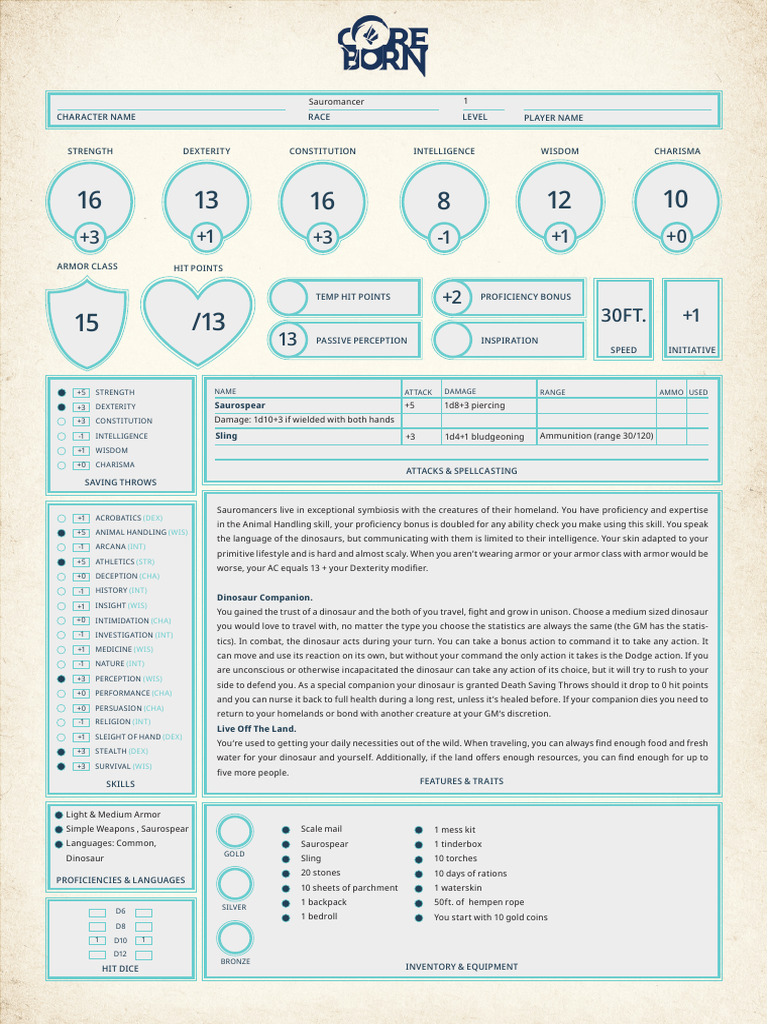 Coreborn Character Sheet Sauromancer | PDF