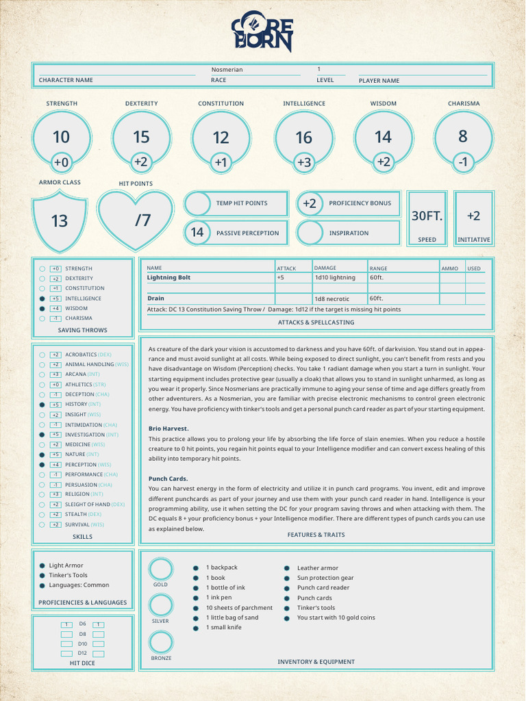Coreborn Character Sheet Nosmerian | PDF