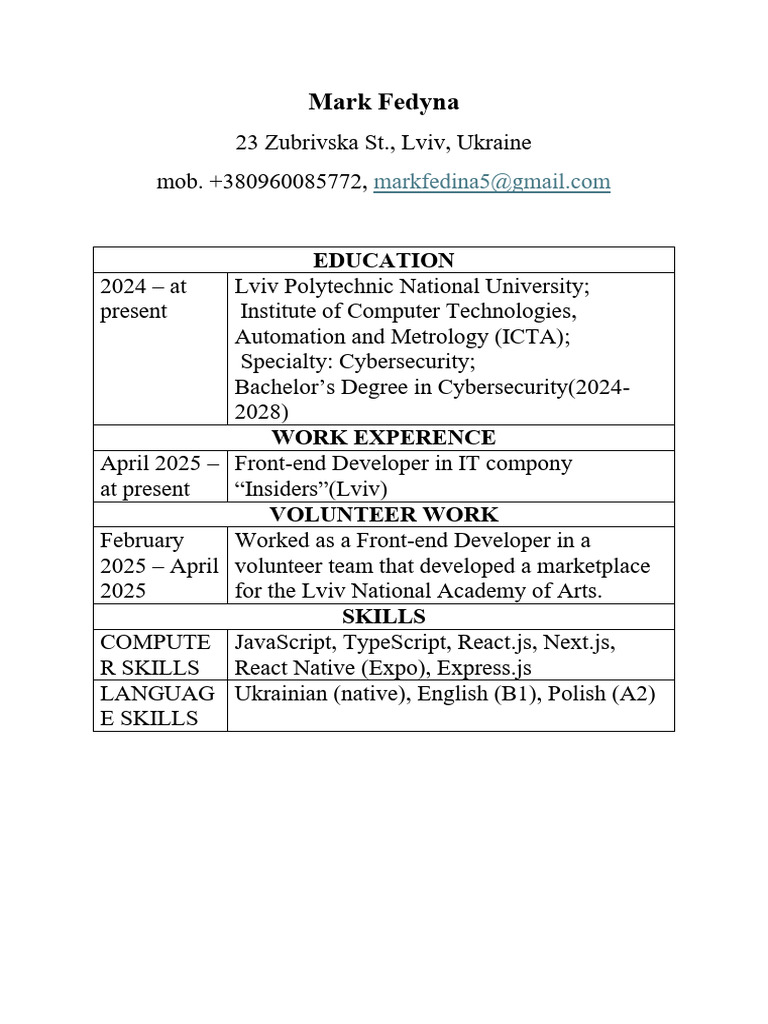 Mark Fedyna: Education | PDF