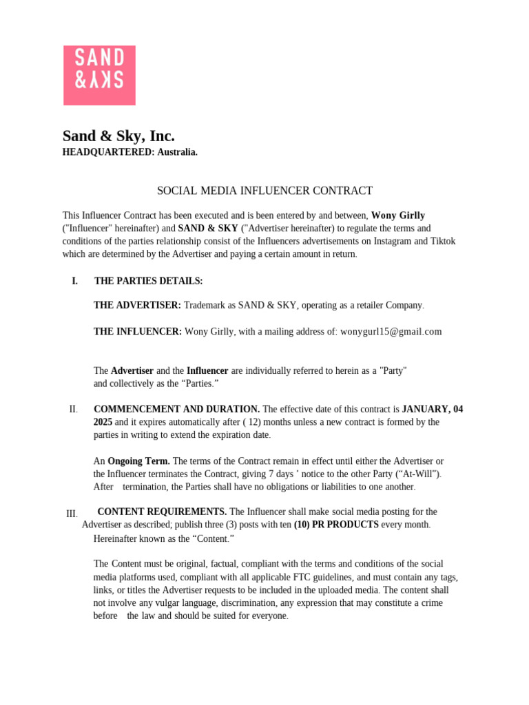 Sand & Sky Social Media Influencer Contract | PDF | Indemnity | Private Law