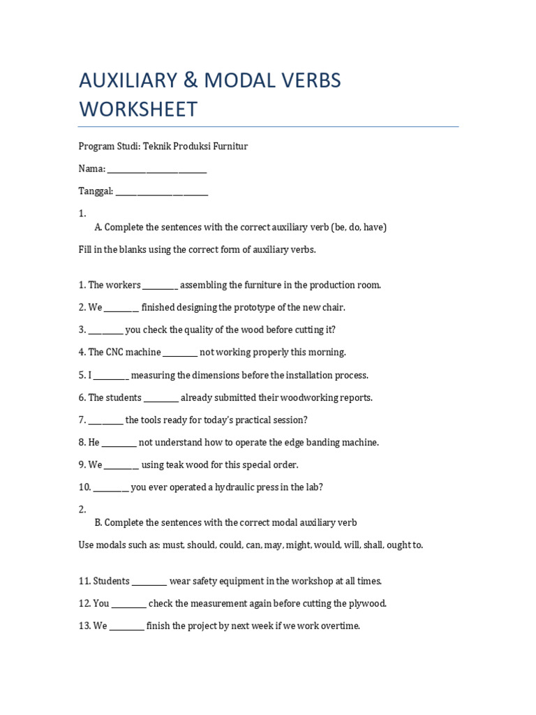 Auxiliary and Modal Verbs Worksheet | PDF