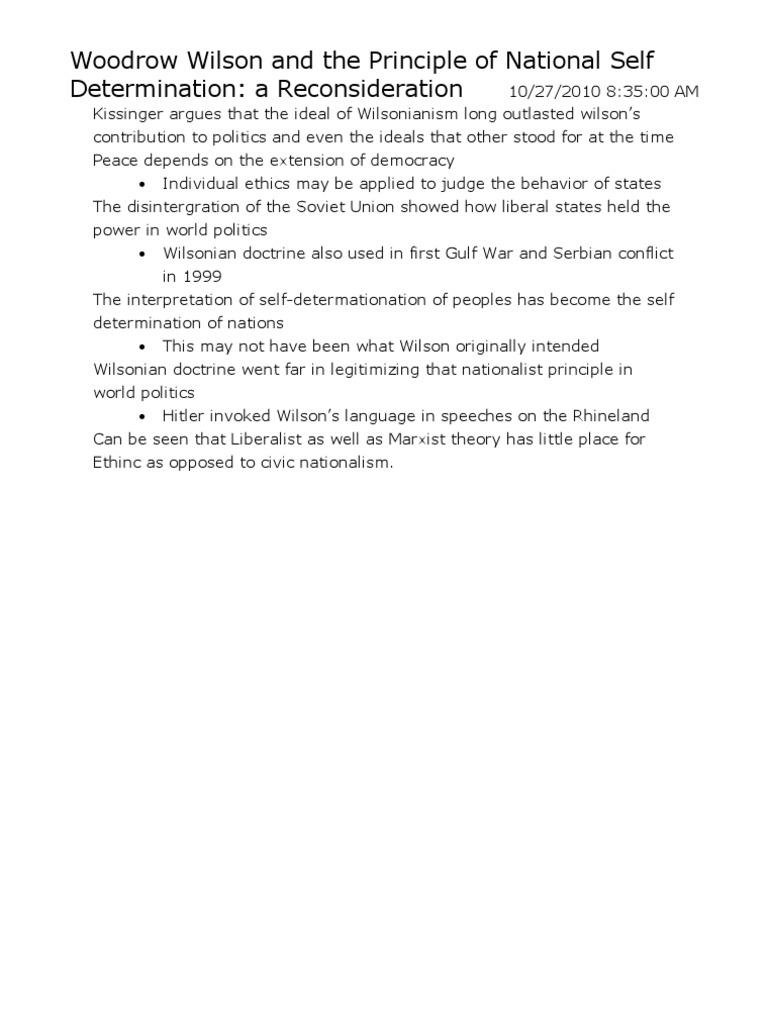 Woodrow Wilson and The Principle of National Self Determination | PDF ...