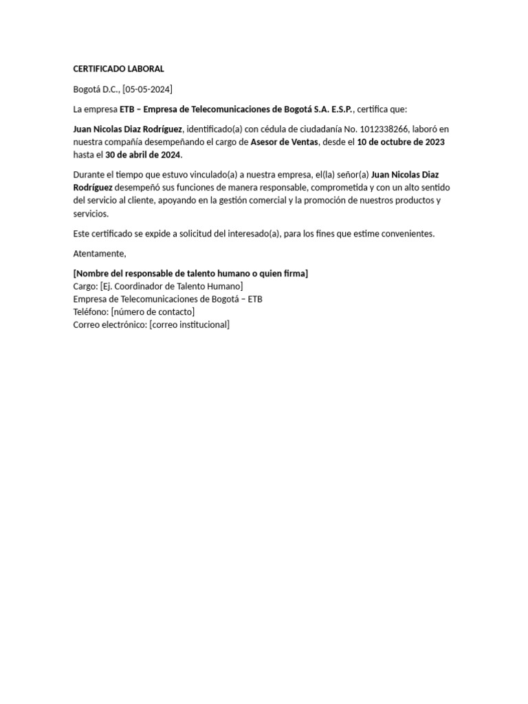 CERTIFICADO LABORAL Etb | PDF