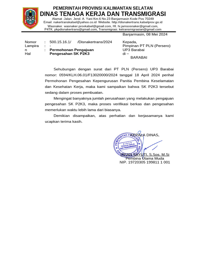 Pengesahan SK P2K3 PT PLN dan Guthrie | PDF