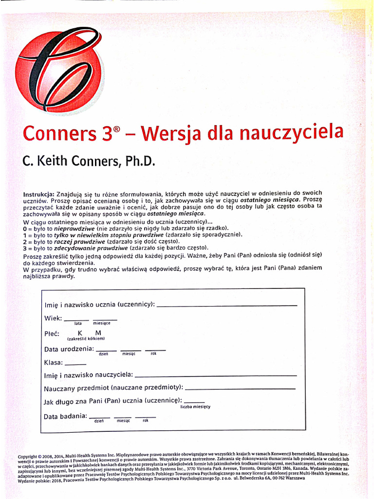 Conners 3 Wersja Rozszerzona Dla Nauczyciela | PDF