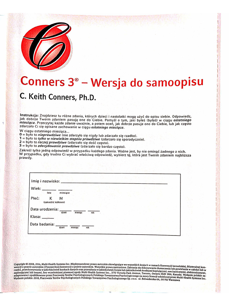 Conners 3 Wersja Rozszerzona Do Samoopisu | PDF
