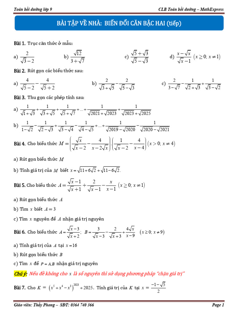 (9.2C1) BTVN B13 Biến Đổi Căn Bậc Hai (Tiếp) | PDF