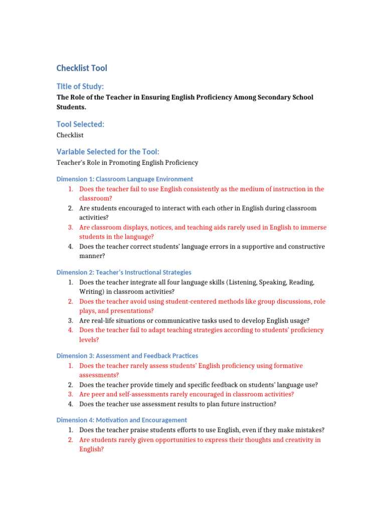 Teacher's Role in English Proficiency Checklist | PDF | Teachers ...