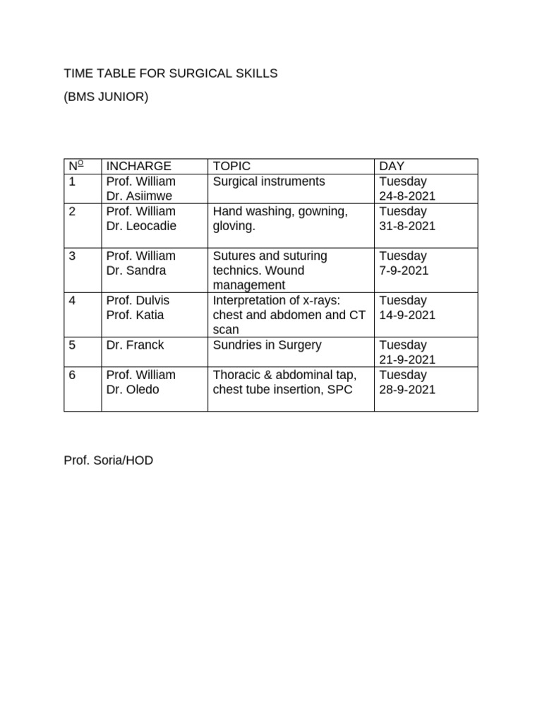Surgical Skills Timetable for BMS Juniors | PDF