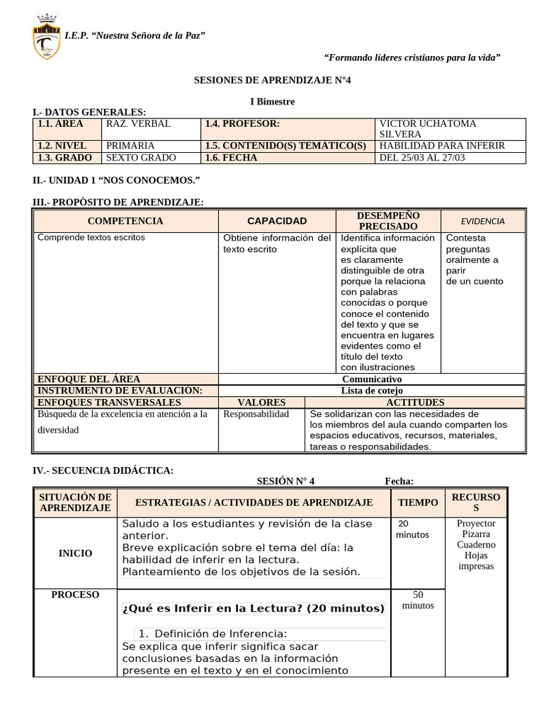 Sesion de Aprendizaje 6to Grado. Raz. Verbal. - (Semana 4) | PDF | Inferencia | Aprendizaje