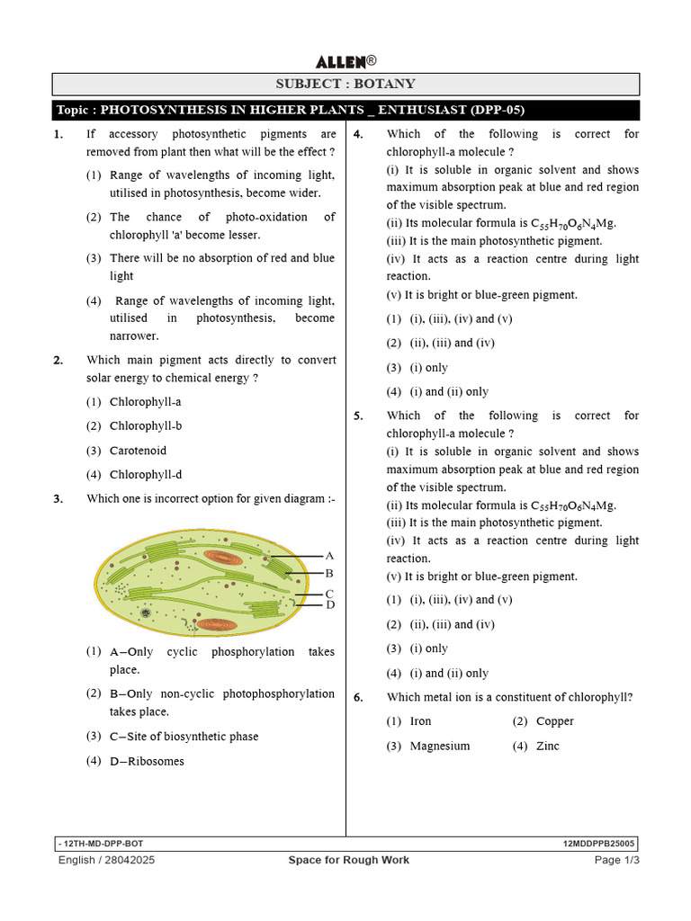 12TH Photosynthesis in Higher Plants - Â Enthusiast - DPP 05 - QP | PDF ...