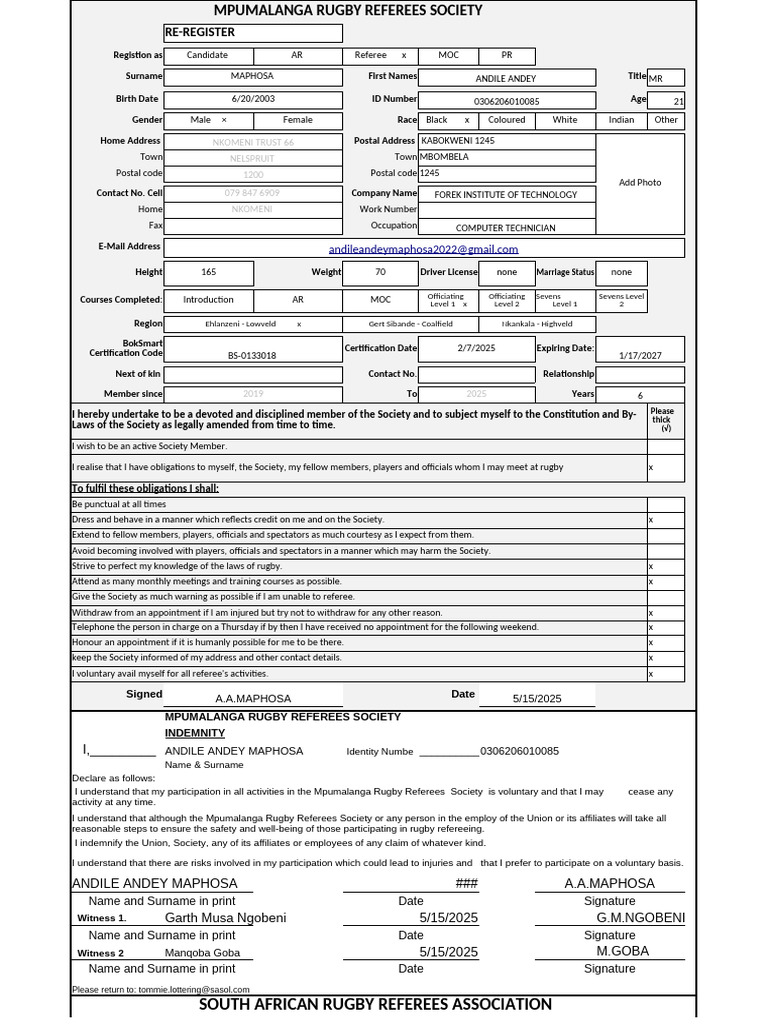 Mpumalanga Rugby Referees Registration Form | PDF | Referee