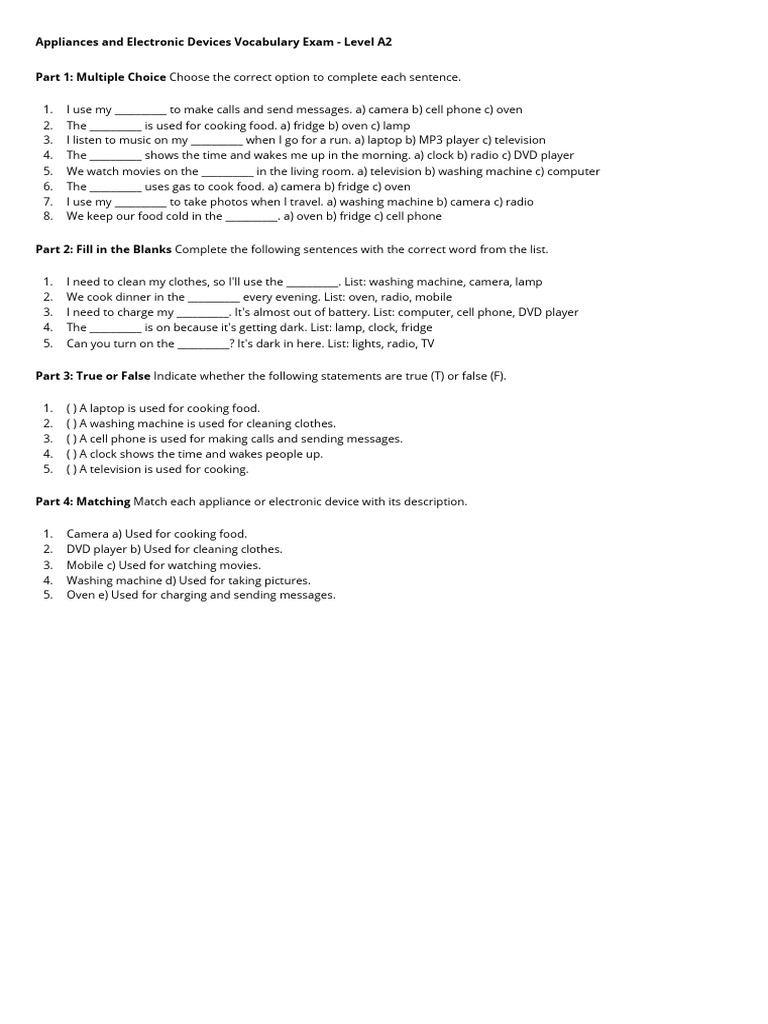 Appliances and Electronic Devices Vocabulary Exam - Level A2 | PDF