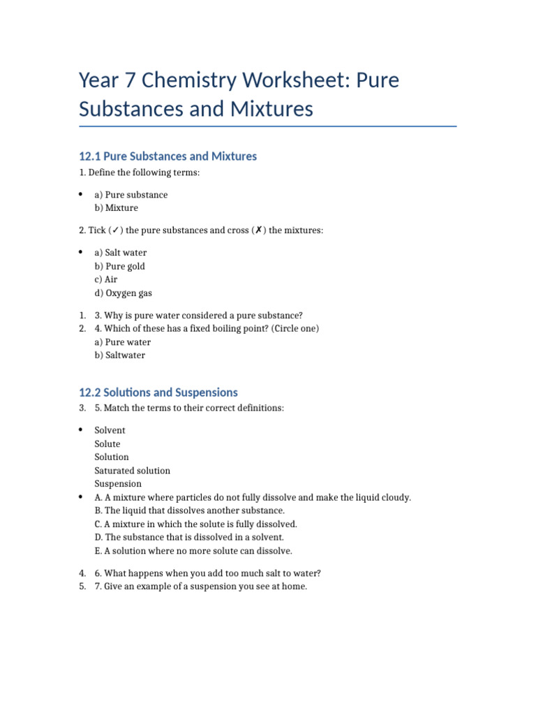 Year 7 Chemistry Worksheet Pure Substances and Mixtures | PDF