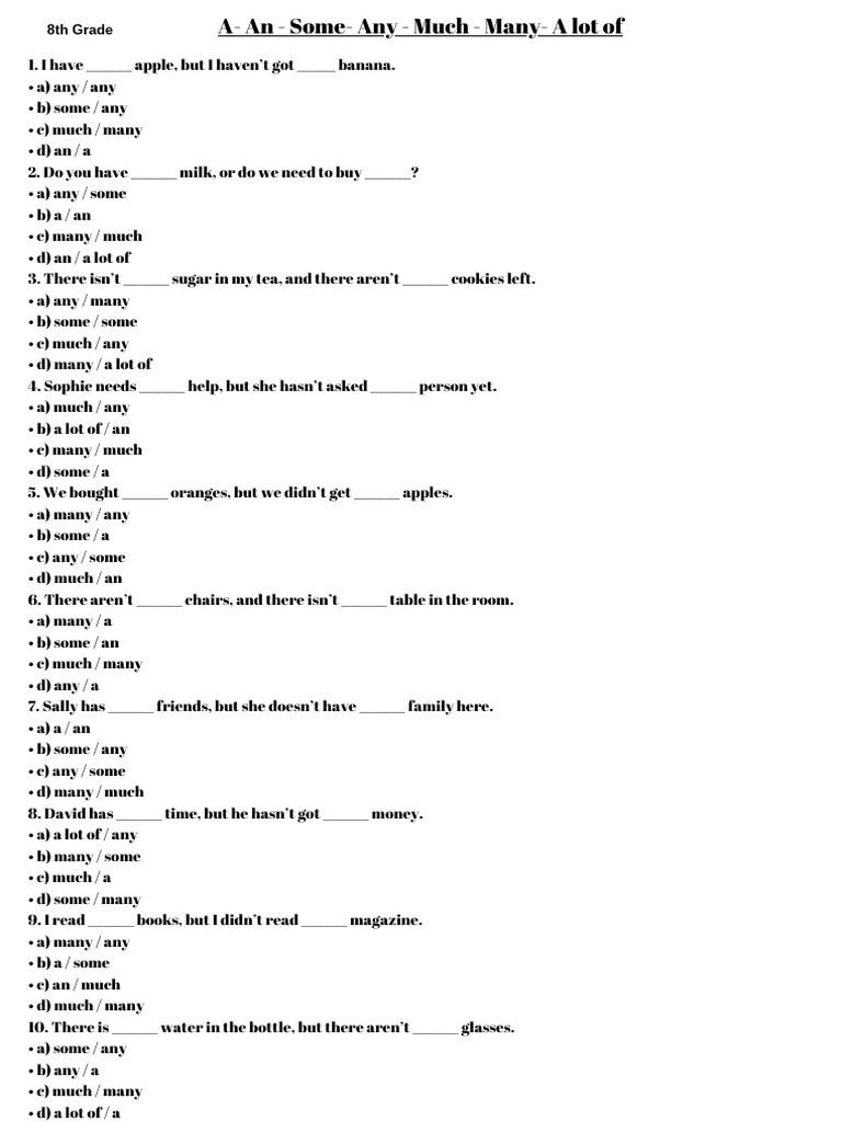 A - An - Some - Any - Much - Many - A Lot of | PDF