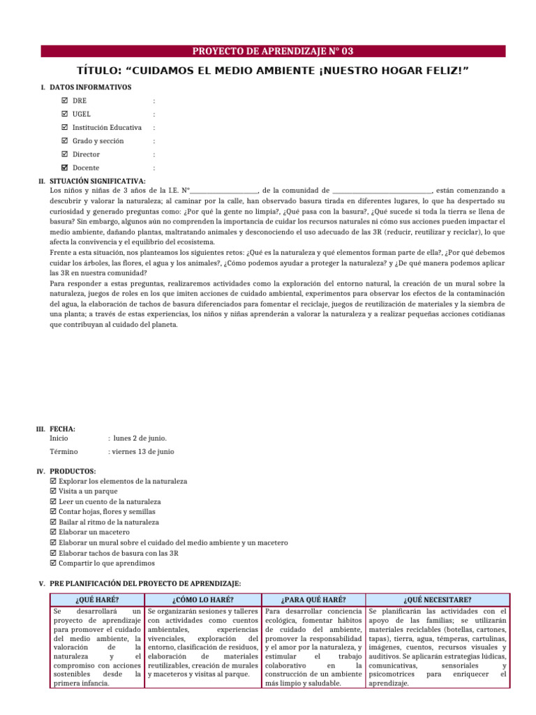 Proyecto de Apren. 3 Años - Junio 2025 | PDF | Aprendizaje | Residuos