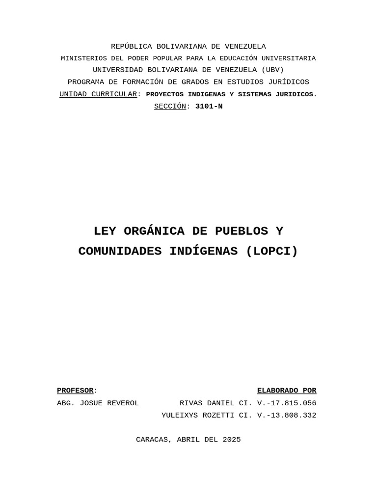 Ley Orgánica de Pueblos Indígenas en Venezuela | PDF | Derechos humanos ...