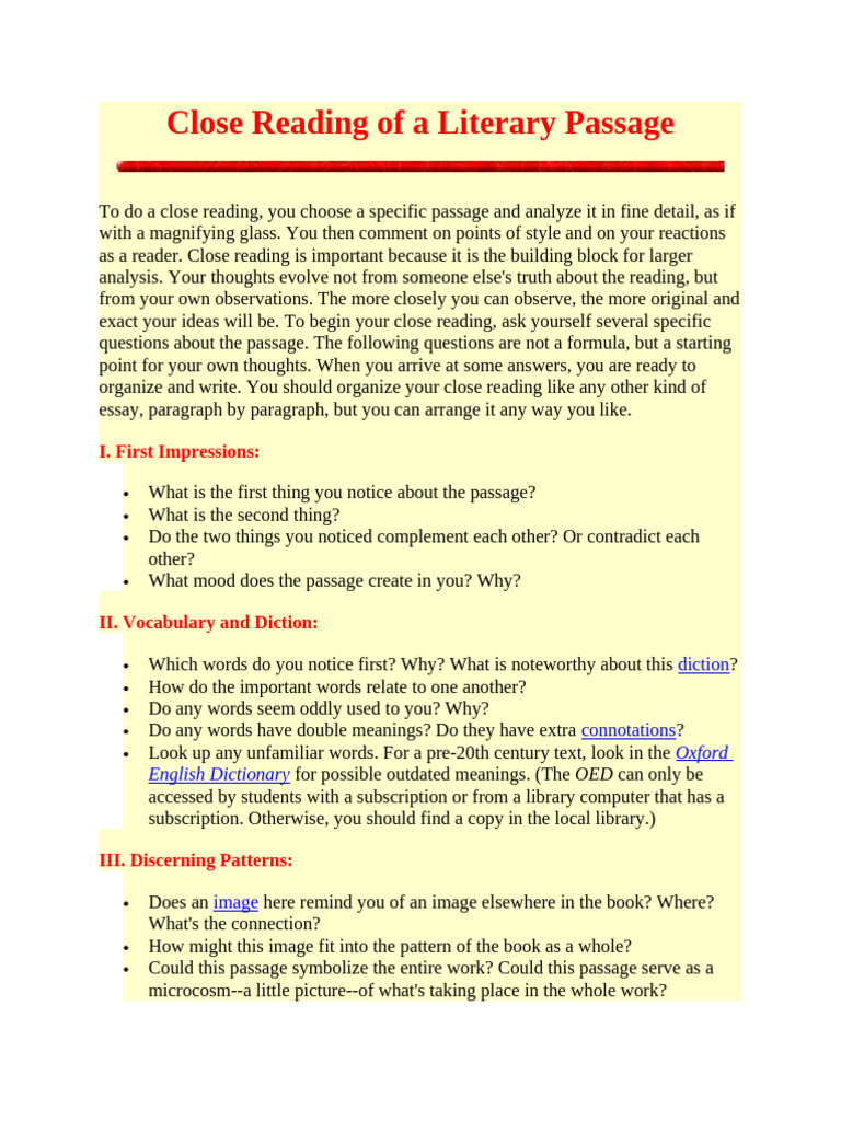 Close Reading of A Literary Passage | PDF | Narration | Poetry