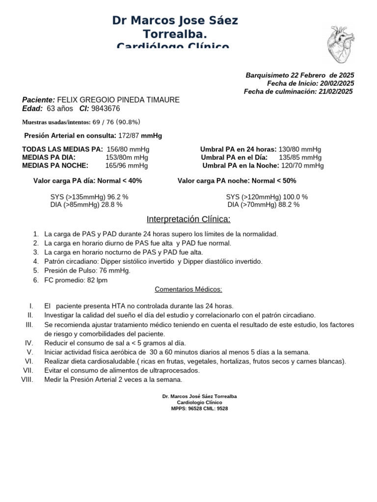 Felix Gregoio Pineda Timaure | PDF | Hipertensión | Presión