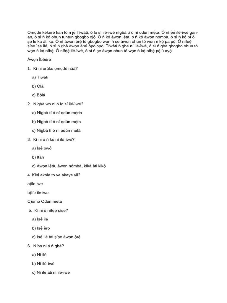 Suitable questions for JSS 2 Yoruba | PDF