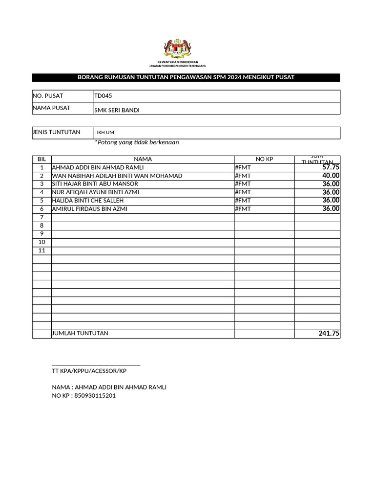 Borang Rumusan Tuntutan Pengawasan SPM 2024 Mengikut Pusat | PDF