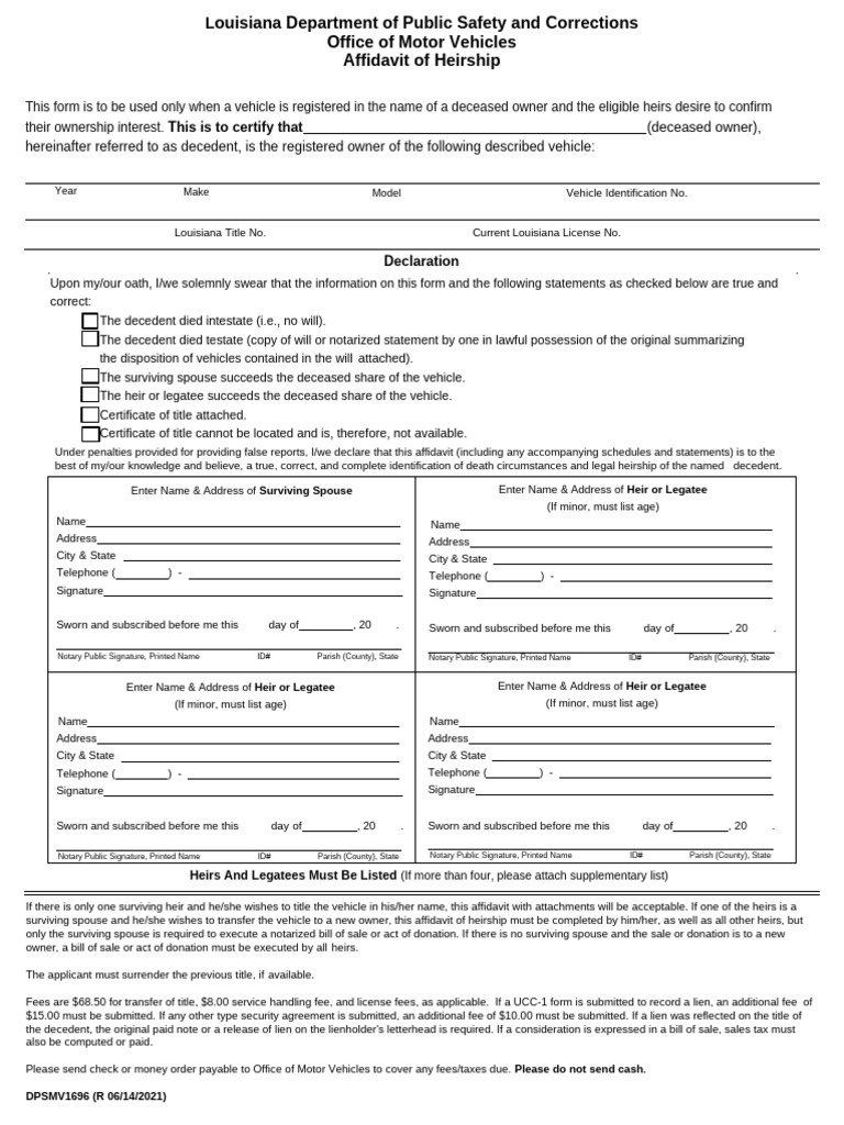 Louisiana Affidavit of Heirship Form | PDF | Affidavit | Intestacy