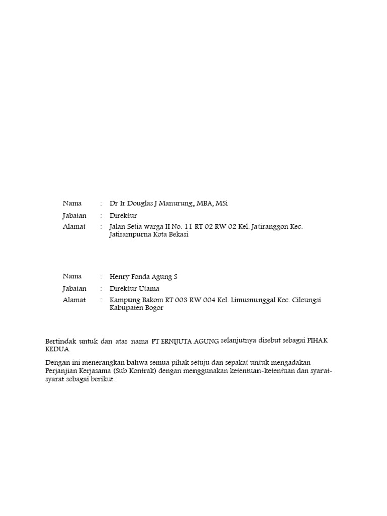 Draft Surat Perjanjian Sub Kontrak Pekerjaan Eja GTJ Tol Lampung Final | PDF