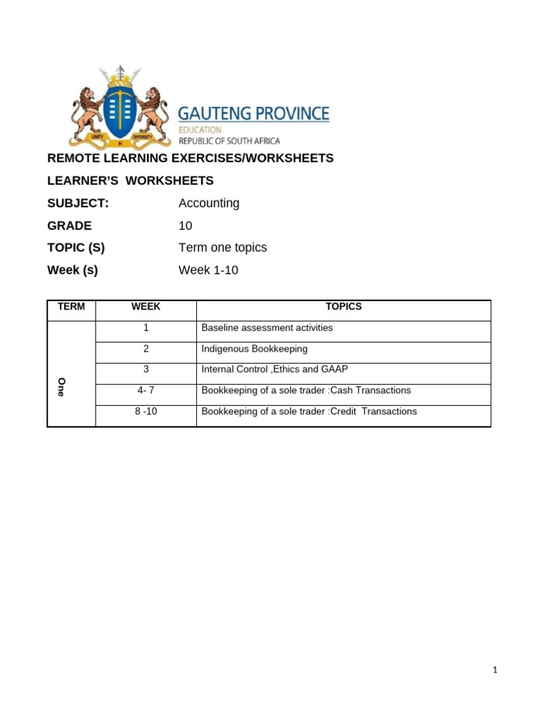 T1 Accounting Grade 10 Relab Activities - Worksheets | PDF | Debits And ...