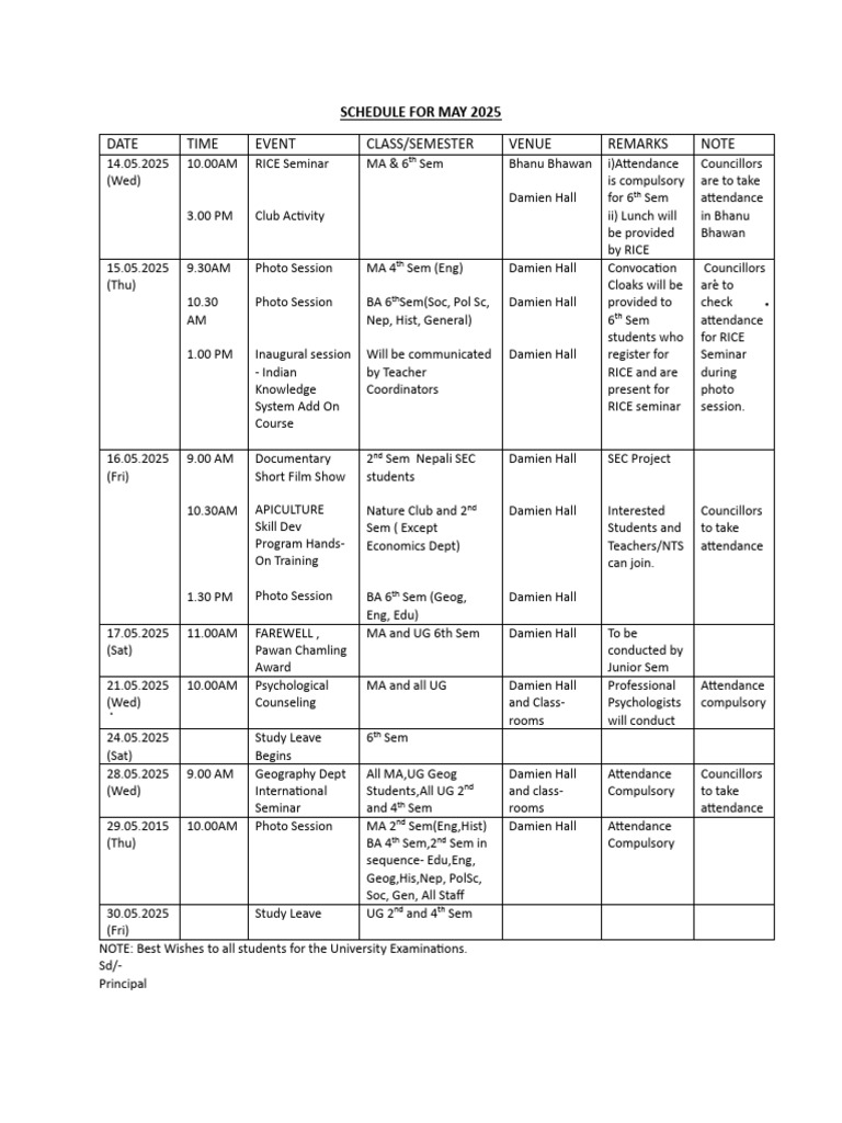 Schedule For Month of May 2025 | PDF | Psychology
