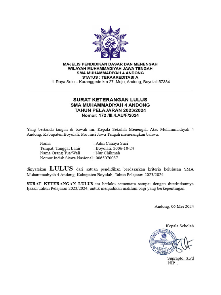 Surat Keterangan Lulus SMA Muhammadiyah 4 | PDF
