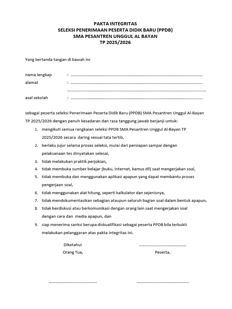 Pakta Integritas PPDB | PDF