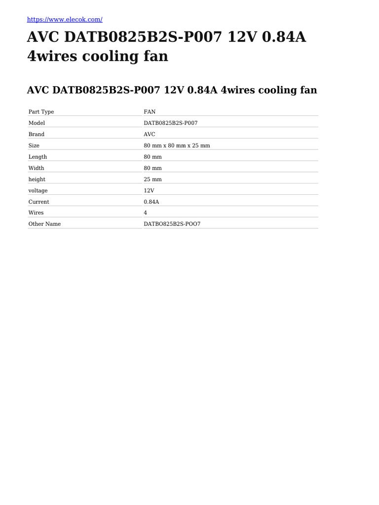 AVC DATB0825B2S-P007 12V 0.84A 4wires Cooling Fan (En) | PDF