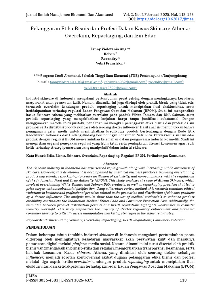 Pelanggaran Etika Bisnis Dan Profesi Dalam Kasus Skincare Athena: Overclaim, Repackaging, Dan ...