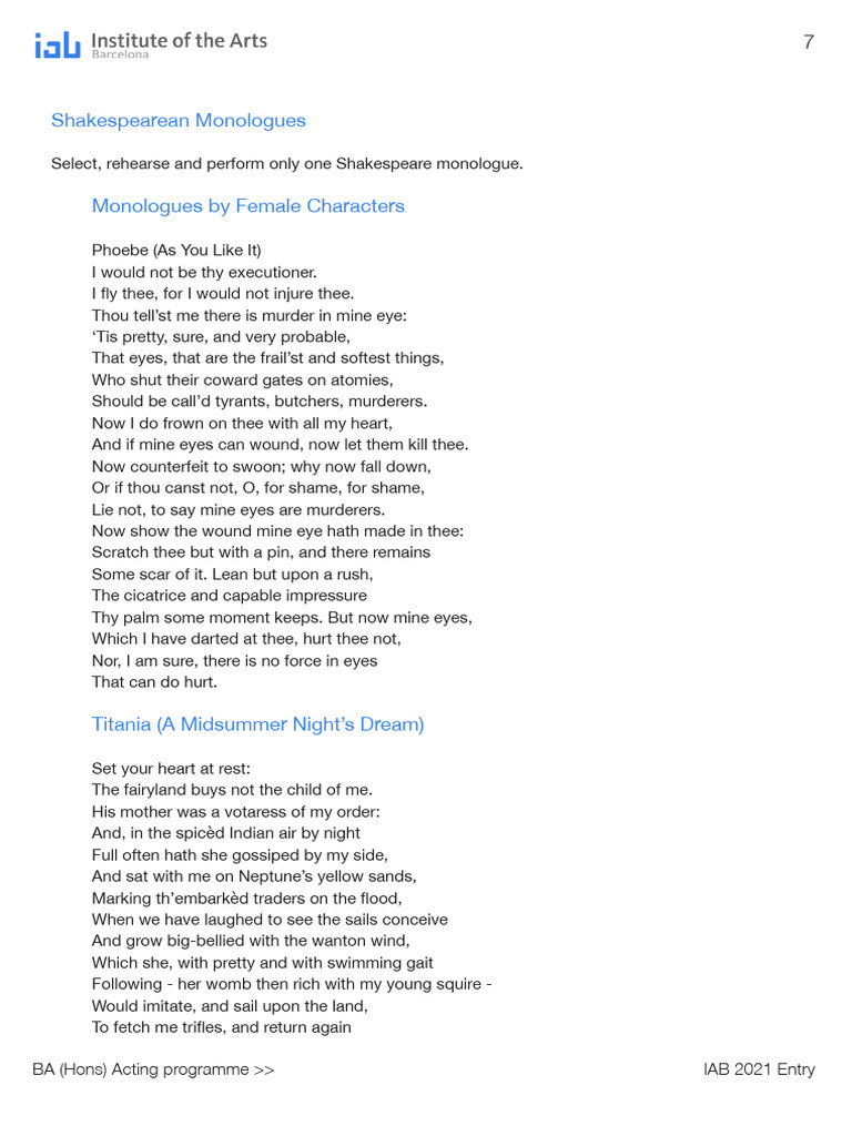 Shakespeare Monologues for Male Auditions | PDF