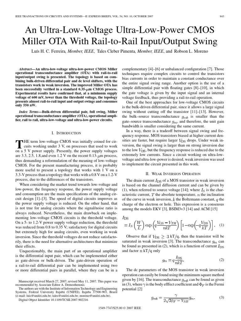 An Ultra-Low-Voltage Ultra-Low-Power CMOS Miller OTA With Rail-To-Rail Input Output Swing | PDF ...