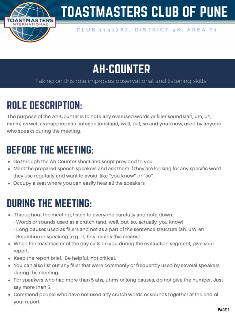 Ah Counter- Toastmasters Club of Pune-1 | PDF | Human Communication ...