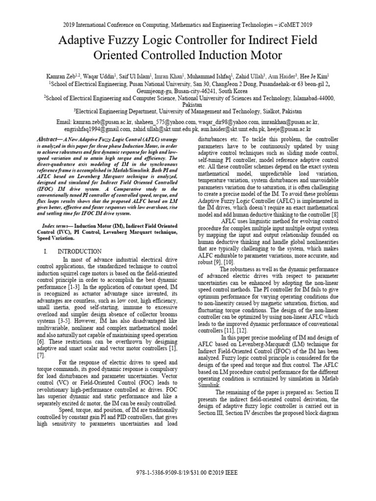 Adaptive Fuzzy Logic Controller For Indirect Field Oriented Controlled Induction Motor | PDF ...