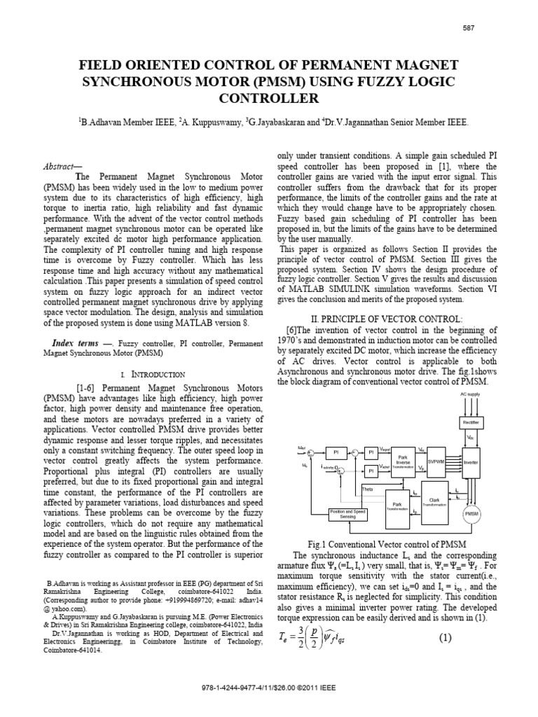 Field Oriented Control of Permanent Magnet Synchronous Motor (PMSM) Using Fuzzy Logic Controller ...