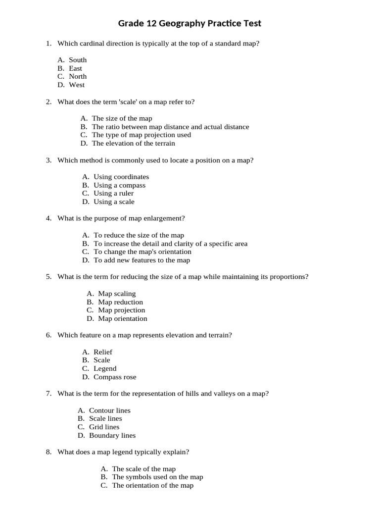 Grade 12 Geography Map Work MCQs | PDF | Map | Contour Line