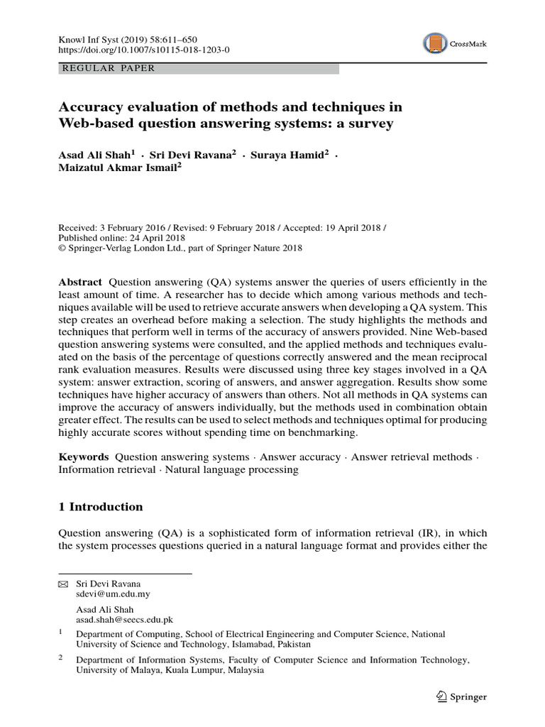 Accuracy Evaluation of Methods and Techniques in Web-Based Question Answering Systems - A Survey ...