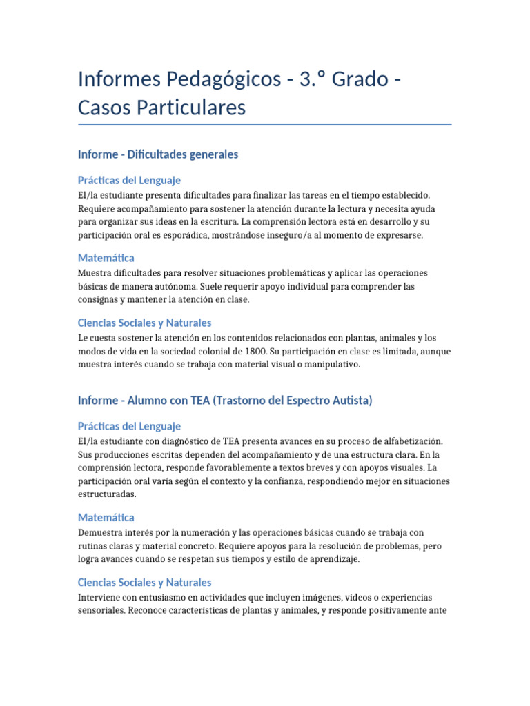 Informes Pedagogicos Tercero Grado Casos Especiales | PDF