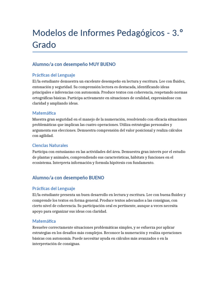 Modelos Informes Pedagogicos Tercer Grado | PDF | Matemáticas ...