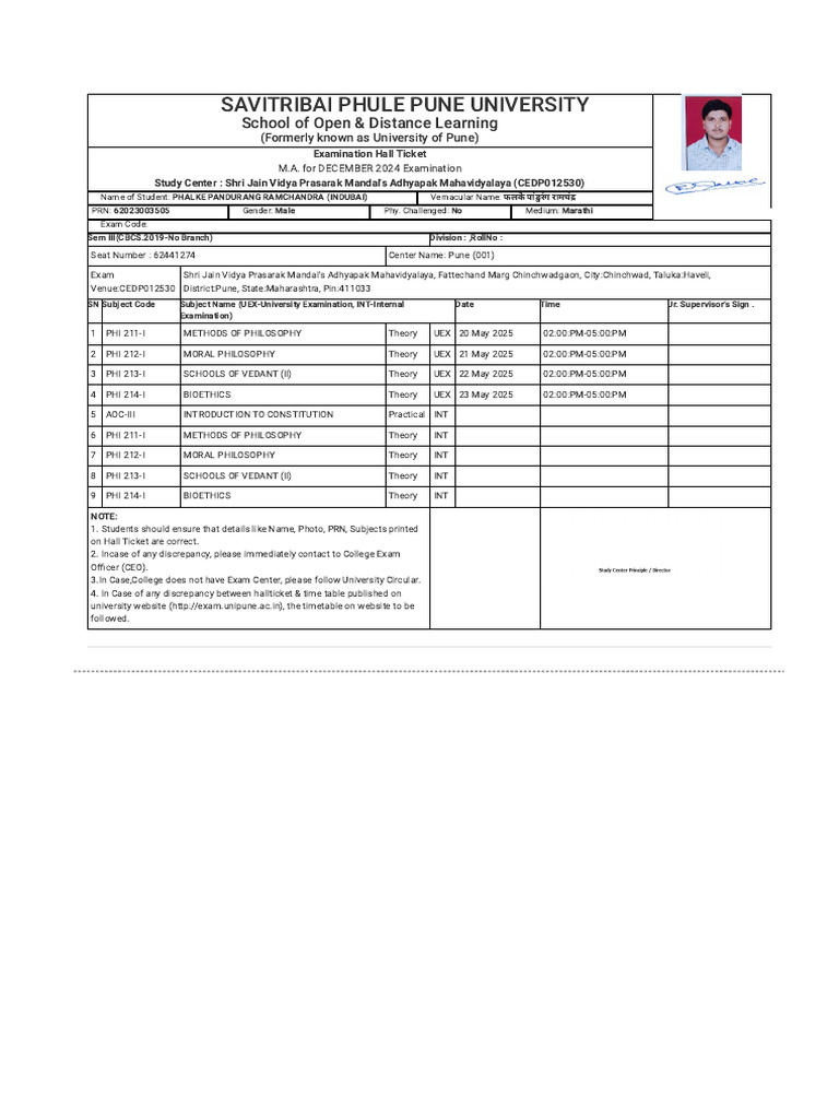 M.A Philosophy Sem 3 Hall Ticket | PDF | Liberal Arts Education