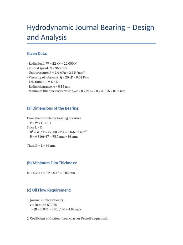 Hydrodynamic Journal Bearing Design | PDF